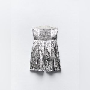 Zara | Pants & Jumpsuits | Nwt Zara Ruched Metallic Mini Jumpsuit ...